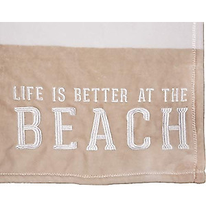 Pavilion Gift Company Life is Better at The Beach-Tan & White Super Soft 50 x 60 Inch Striped Throw Embroidered Text 50" x 60" Royal Plush Blanket, Beige