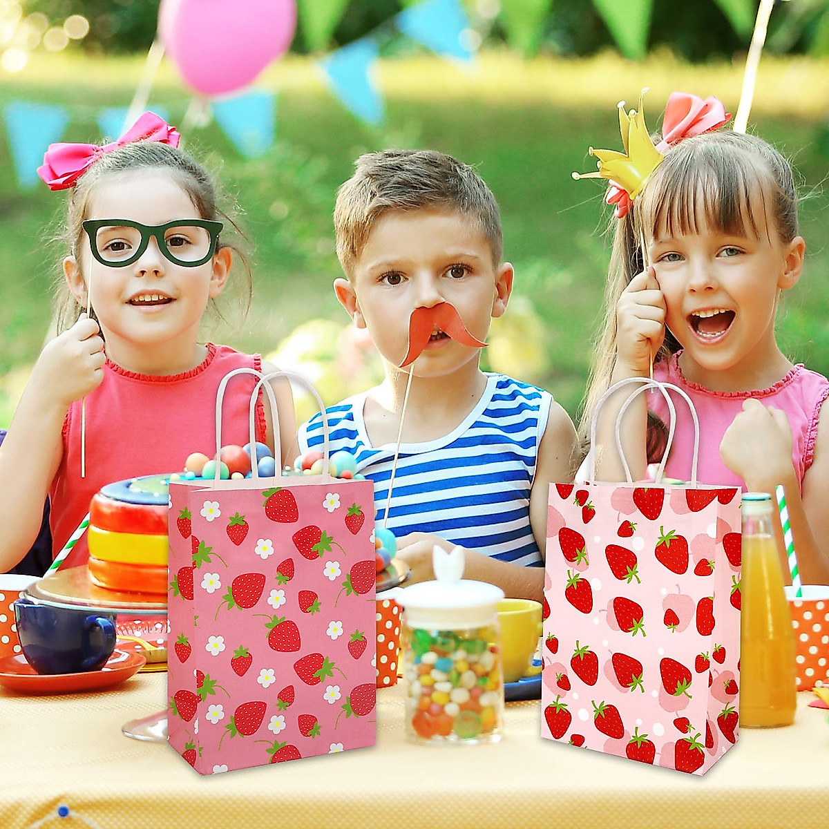 Generic AnyDesign 24Pcs Strawberry Paper Gift Bags with Handles Red Pink Strawberry Party Favor Bags Cute Goodie Candy Treat Bag for Berry Sweet Baby Shower Birthday Wedding Party Supplies