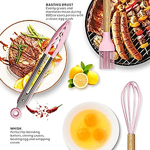 14 Pcs Silicone Cooking Utensils Kitchen Utensil Set - 446°F Heat Resistant,Turner Tongs,Spatula,Spoon,Brush,Whisk, Wooden Handles Pink Kitchen Gadgets Tools Set for Nonstick Cookware (BPA Free)
