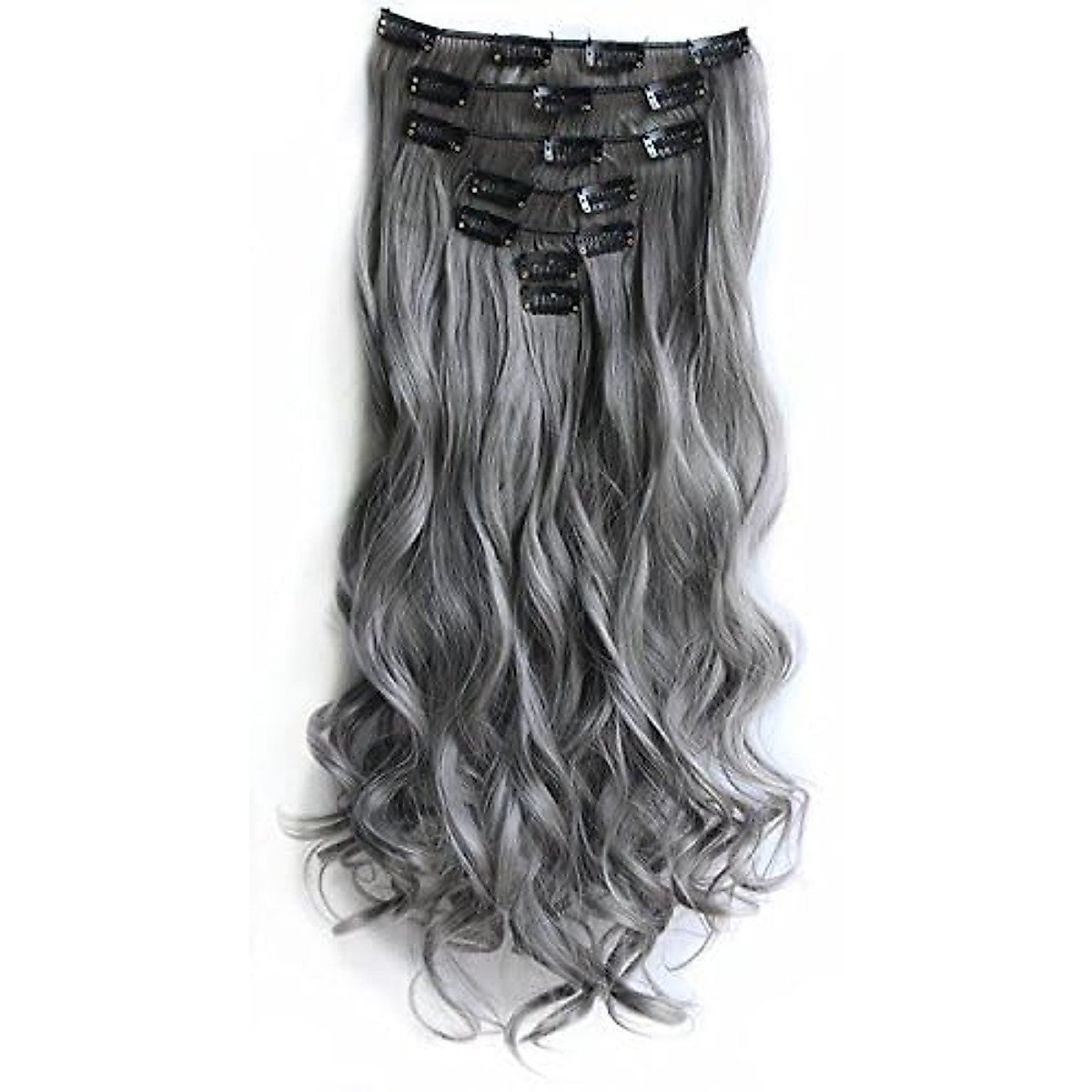 SWACC Women 20 Inches Curly Full Head 7 Separate Pieces Heat Resistance Synthetic Hair Clip in Hair Extensions (Grey)