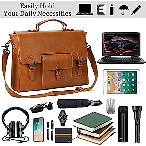Leather Messenger Bag for Men 15.6 Inch Waterproof Vintage Leather Laptop Briefcase Large Satchel Shoulder Bag Office Travel College Computer Laptop Bag, Brown