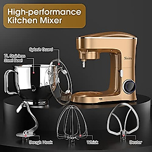 Sisiru Stand Mixer, 660W 6+P Speed Tilt-Head Electric Kitchen Mixer with 8.5 Qt Stainless Steel Bowl Dough Hooks, Whisk, Beater and Suction Cup Bottom Splash Guard, Dishwasher Safe, Gold