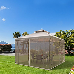 10 X 10ft Hardtop Gazebo, Steel Outdoor Patio Gazebo Canopy, Double Roof Gazebo with Removable Mesh Curtains, Outdoor Steel Frame Vertical Stripes Roof Permanent for Deck Backyard Garden Lawns