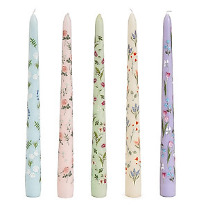 Sungmor Pretty Floral Taper Candlesticks, Beautiful 5-Color Decal Craft, 10" Long Decorative Candle, Scented & Colored Tall Candlestick, Long Burning & Smokeless Tapered Holiday Party Celebrate Candle
