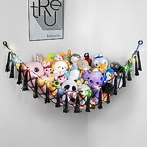 ELTNEGSA Stuffed Animal Net or Hammock with LED Light，Stuffed Animal Storage for Girls Room Decor and Nursery Decor,Stuffed Animal Hammock for Baby Room Decor and Toddler Room Decor for Girls(Black)