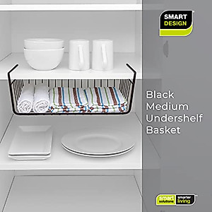 Smart Design Undershelf Storage Basket - Medium - Snug Fit Arms - Steel Metal Wire - Rust Resistant - Under Shelves, Cabinet, Pantry, and Shelf Organization - 16 x 5.5 Inch - Black