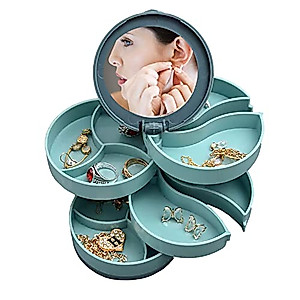 Jewelry Organizer Small Rotating Jewelry Storage Case, Mirror Jewelry Storage Box Earring Holder for Women, 4-layers Rotating Travel Jewelry Tray Case with Lid for Earrings Necklaces