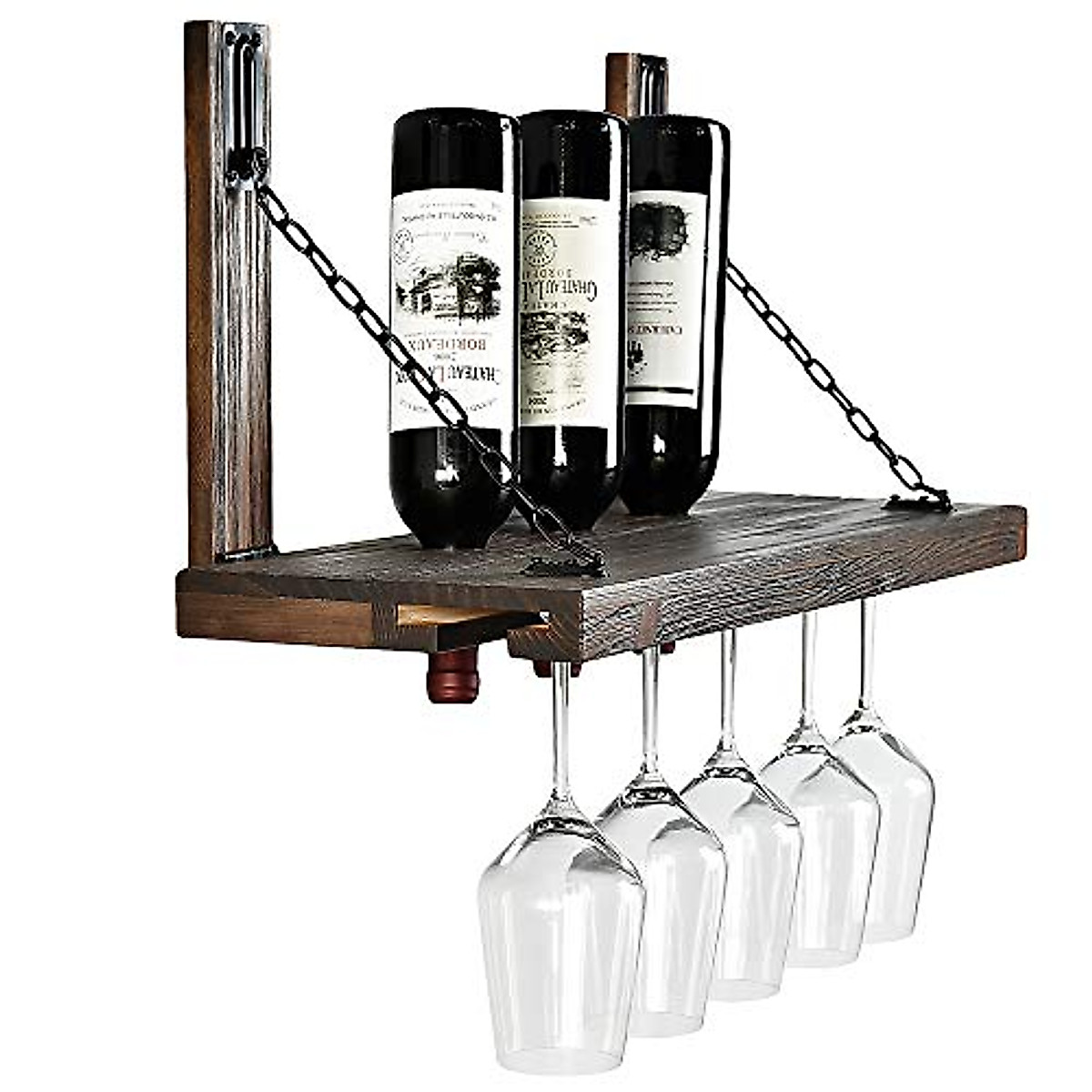 Wall Mounted Wine Rack with Glass Holder, Floating Wine Shelf for Kitchen, Rustic Pine Wood