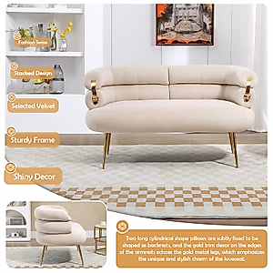 Antetek Modern Velvet Loveseat Sofa, Upholstered Sofa Chair with Stylish Golden Decor, Small Comfy Love Seat Leisure Accent Couch for Living Room, Bedroom, Office, Beige