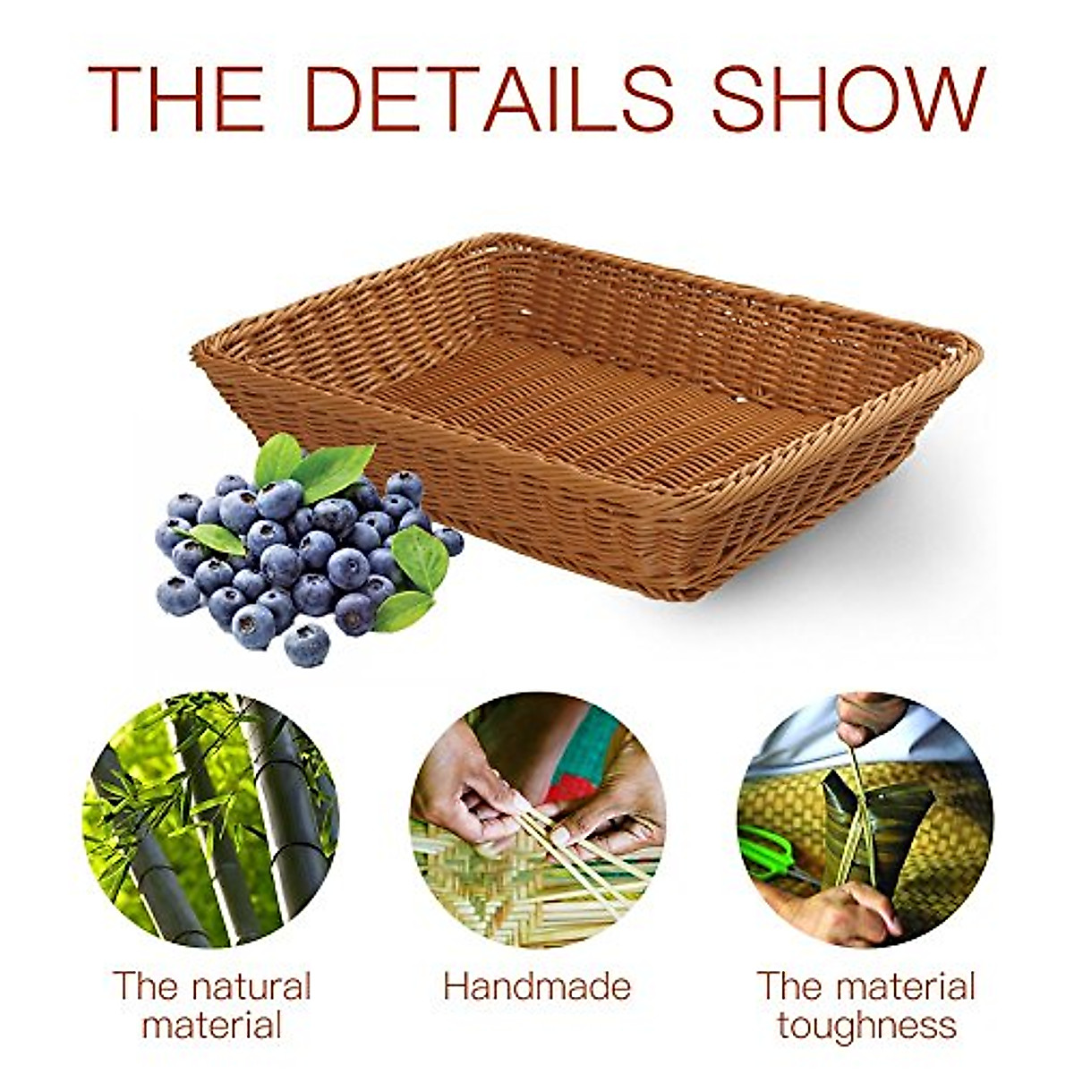WEVOGTY 17.7" Poly-Wicker Bread Basket,Woven Tabletop Food Fruit Vegetables Serving Basket, Restaurant Serving,Brown (3 PACKS)