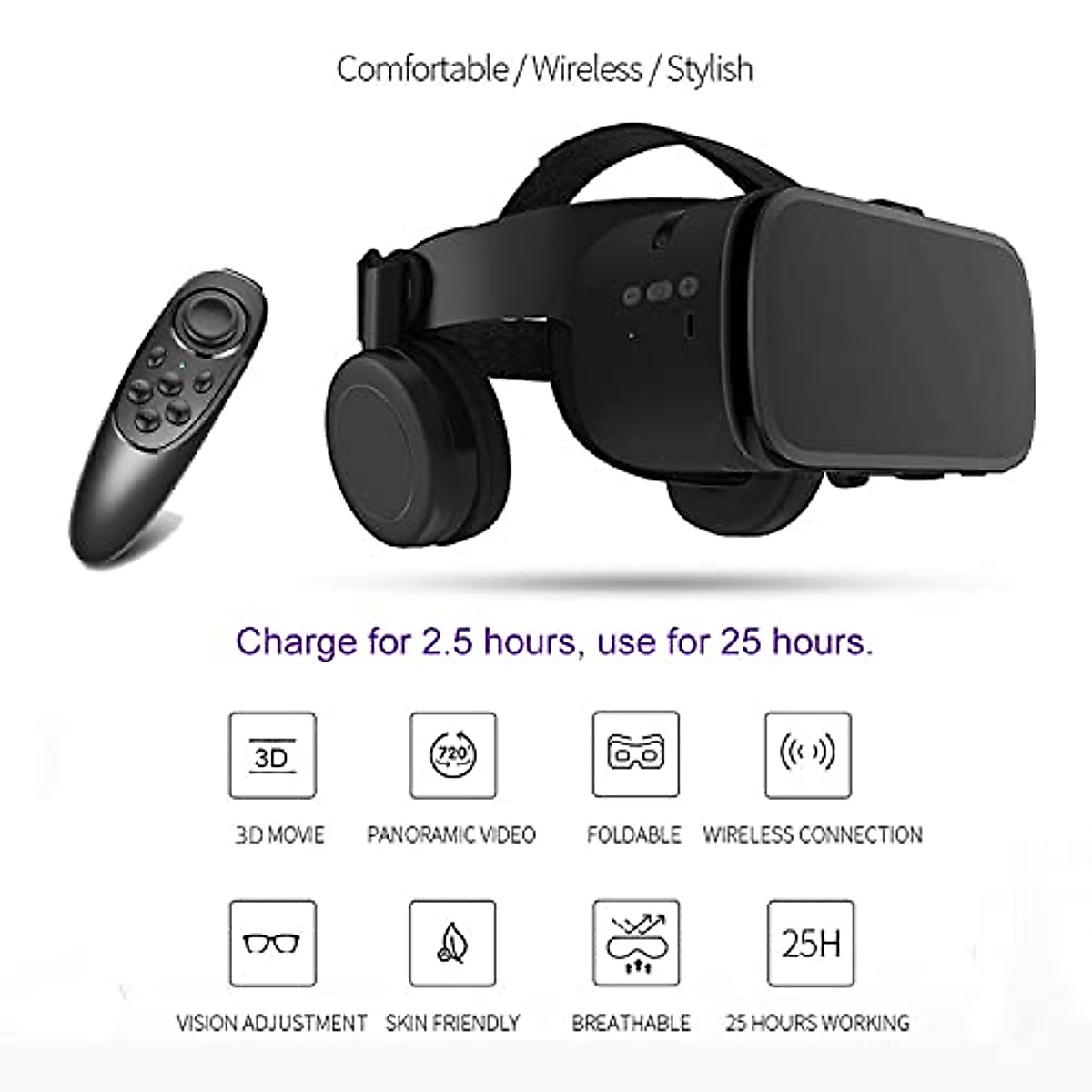 Virtual Reality Headset for Phones VR Headset VR Glasses with Controller for 3D Movies/Games Metaverse Goggles with Bluetooth Headset Compatible with All iPhone/Android Phones with 4.7"-6.3" (Black)