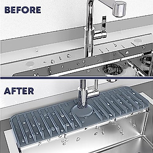 Kitchen Sink Splash Guard 17.56“ Longer, Splash Guard for Sink, Kitchen Faucet Splash Guard, Fully Wrapped, Silicone Faucet Handle Drip Catcher Tray, Sink Protectors Faucet Mat for Kitchen Bathroom