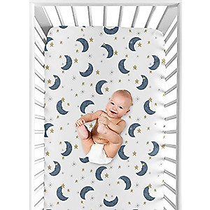 Sweet Jojo Designs Moon and Star Boy or Girl Fitted Crib Sheet Baby or Toddler Bed Nursery - Navy Blue and Gold Watercolor Celestial Sky