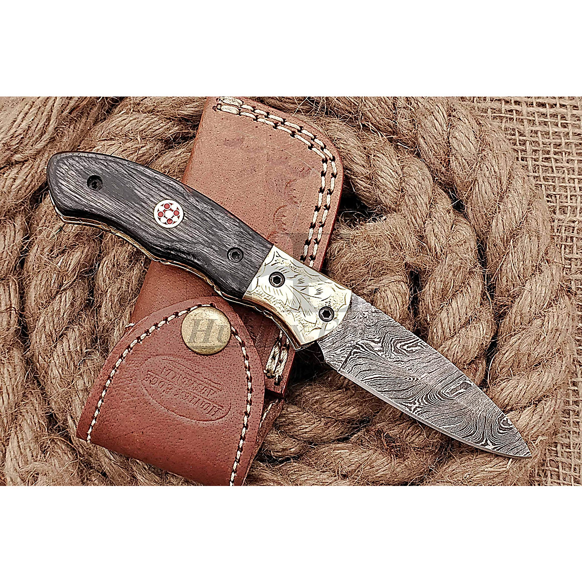 HUNTEX Custom Handmade Hand-Forged Twist Pattern Damascus Steel 4 Inch Long Pakka Wood Handle Razor Sharp Hunting Camping Folding Pocket Drop Point Knife with Genuine Leather Pouch