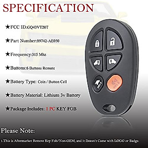 Key Fob Remote Replacement Fits for Toyota Sienna 2004 2005 2006 2007 2008 2009 2010 2011 2012 2013 2014 2015 2016 2017 GQ43VT20T Keyless Entry Remote Control 89742-AE050(Pack of 1)
