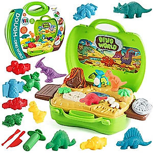 VConejo 2 in 1 Dinosaur Color Dough Toys, 37 Pieces Dino Theme Color Dough Tools and molds Accessories with Volcano and Fossils for Boys and Girls
