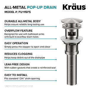 KRAUS Pop-Up Drain for Bathroom Sink with Overflow in Spot-Free Stainless Steel, PU-11SFS
