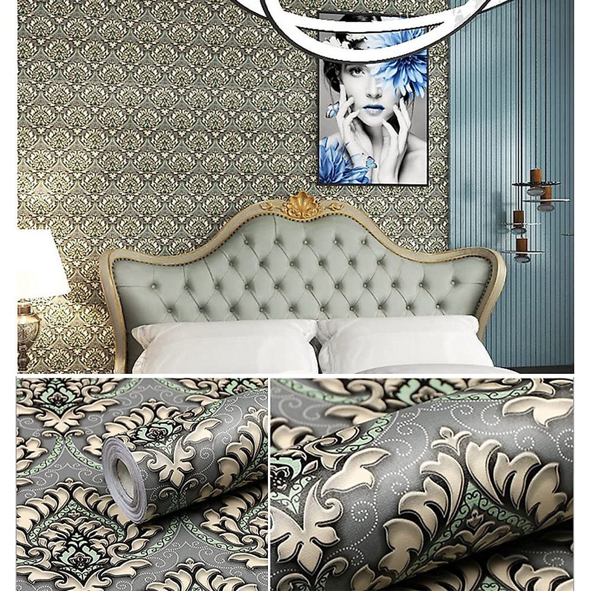 Yifasy 2Pack Shelf Liners for Kitchen Cabinets Closet Easy Clean Self Adhesive Grey Damask Wallpapers Refresh Furniture Surface 18 inch Wide