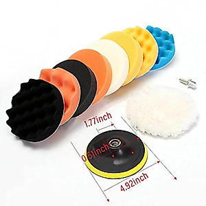 BESUNTEK Car Polishing Pad Kit, 11 Pcs 5 Inch Car Foam Sponge Drill Polishing Disc Woolen Buffer Pads with M10 Drill Adapter for Car Sanding Polishing Waxing Sealing Glaze (5 Inch)