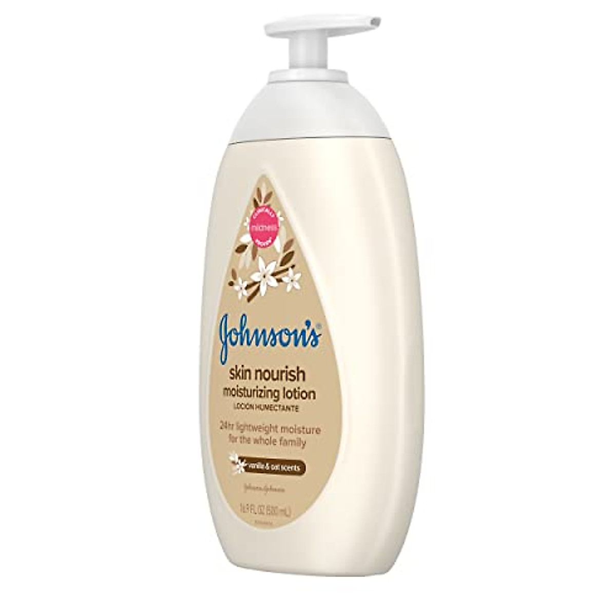 Johnson's Skin Nourish Moisturizing Baby Lotion for Dry Skin with Vanilla & Oat Scents, Gentle & Lightweight Body Lotion for The Whole Family, Hypoallergenic, Dye-Free, 16.9 fl. oz