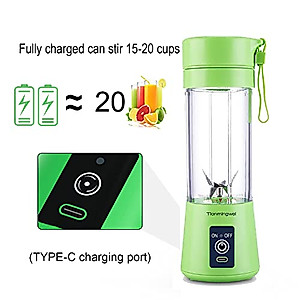 Tianmingwei Portable Blender Personal 6 Blades Juicer Cup Household Fruit Mixer with Magnetic Secure Switch USB Charger Cable 400ml (Green)