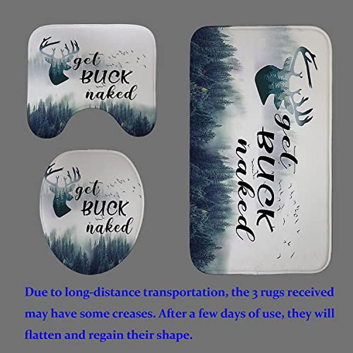 Camille&Andrew 4PCS Deer Antler Shower Curtain Set with Rugs, Green Pine Tree Misty Forest Nature Scenery Funny Quote Bird Elk Moose Wildlife Animal Hunting Rustic Cabin Bathroom Decor, Get Buck Naked