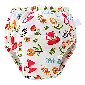 2pcs Breathable Cloth Bag Cotton Washable Nappy Leak Proof Cloth Diaper - Size S(1pc Green Flower, 1pc Fox)