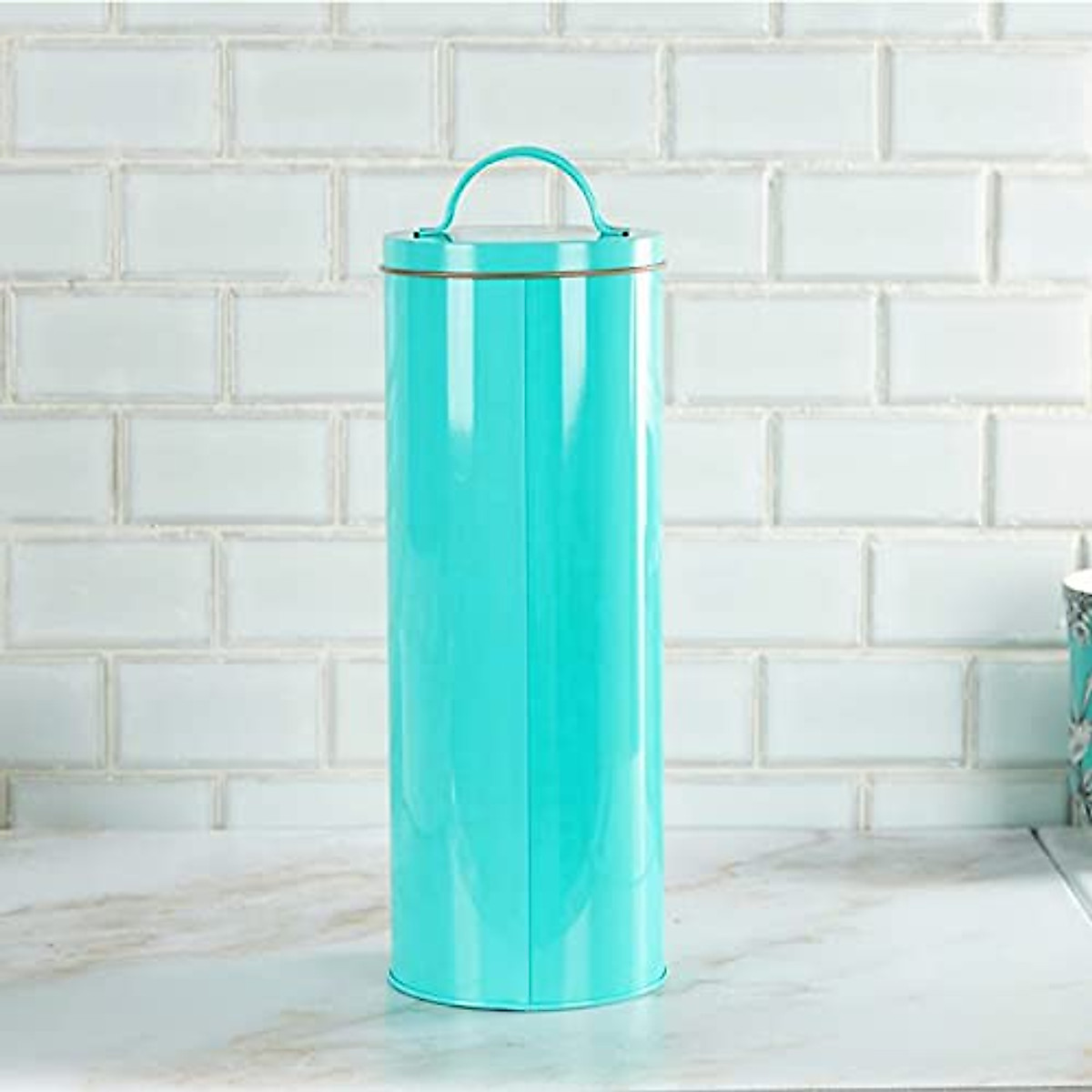 Cookie Tins with Lids Empty AirTight Seal Metal Canister Treat Container Home Baked Goods Tall Round Shape Snack Holder Kitchen Counter Pantry Organization Storage 60 oz Brown Sugar Keeper Turquoise