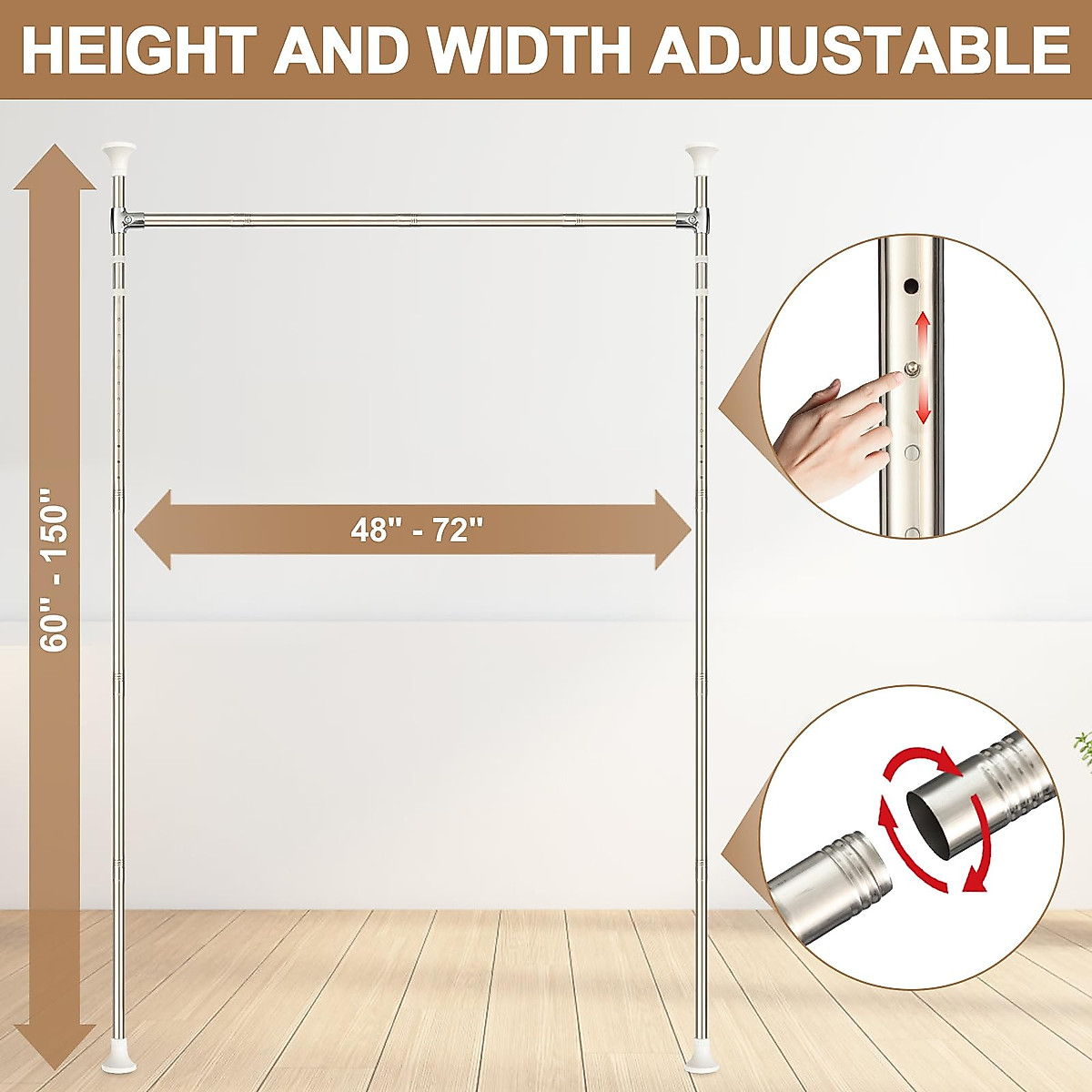 CALCHELE Room Divider Curtain Rod, Partition Hanging Room Dividers 60-150inch (H) 48-72inch(W) Adjustable Curtain Room Dividers for Room Separation, Floor to Ceiling Self Stand for Space Partition