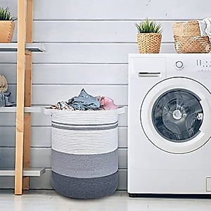 COMSE Extra Large Laundry Basket, Tall Blanket Basket, Laundry Hamper with Handles, 15.7”x 21.7”, Cotton Rope Basket, Woven Laundry Basket, Toy Basket, Clothes Baskets,Woven Basket,Gradient Gray