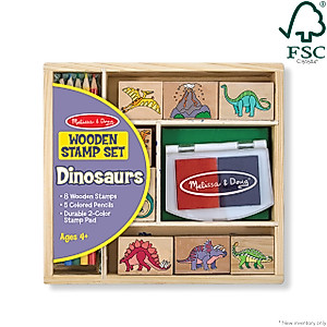 Melissa & Doug Wooden Stamp Set: Dinosaurs - 8 Stamps, 5 Colored Pencils, 2-Color Stamp Pad - FSC Certified