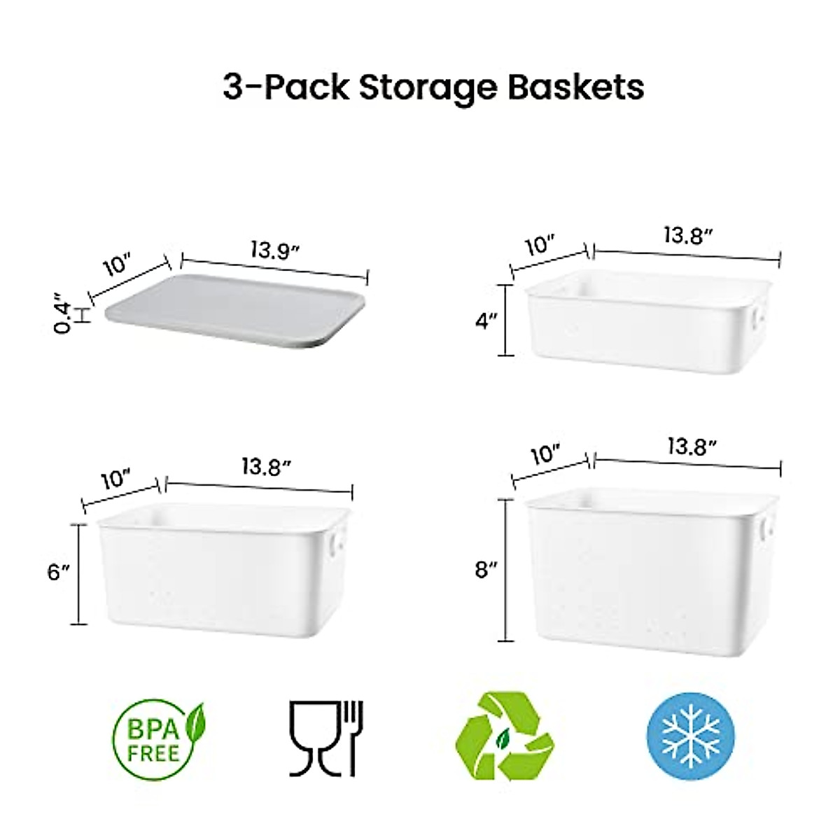 vacane Plastic Storage Bins with Lids Set of 3, Stackable Organizer Lidded Basket with Writable Label for Organizing, Sturdy Containers for Shelves Pantry Office School/S+M+L/White