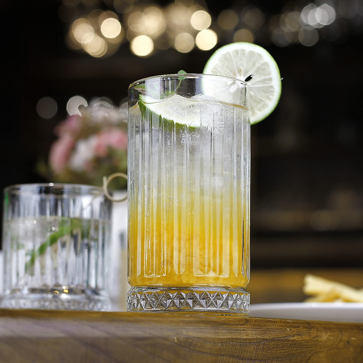 LUXU Highball Glasses 14 fl.oz,Set of 6, Lead-free Drinking Glasses with Heavy Base,Premium Collins Tumblers for Water/Juice/Cocktails/Beverages,Beautiful Striped Look Glassware,Dishwasher Safe