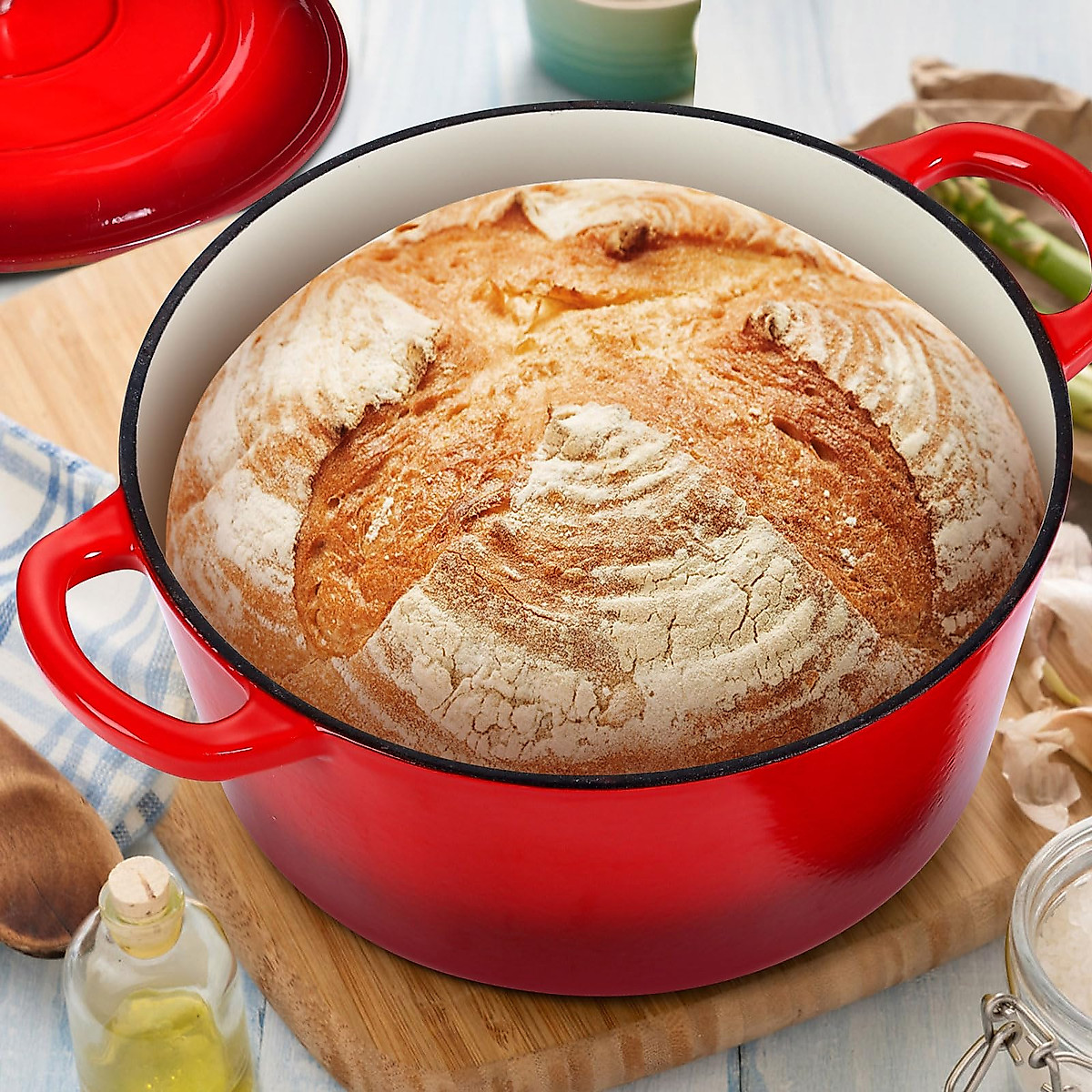 LIANYU Enameled Cast Iron Dutch Oven with Lid and Silicone Trivet Mat, 6 QT Nonstick Dutch Oven Cooking Pot for Sourdough Bread Baking, Round Dutch Oven for Roasting, Stewing, Braising, Dual Handle &