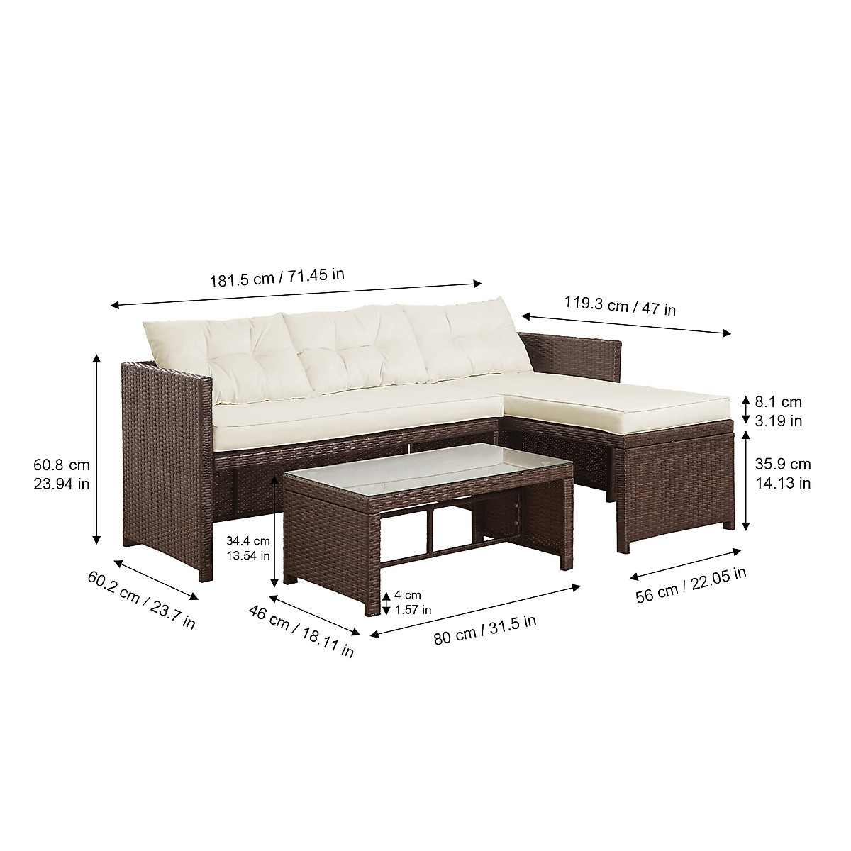 Teamson Home Patio Outdoor 3 Piece PE Wicker Sectional Conversation Sofa Set with Washable Cushions, Tempered Glass Tabletop for Small Space for Patio Garden Backyard, Brown and White