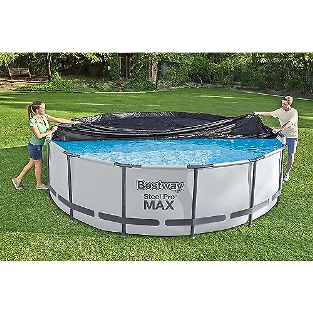 Bestway Flowclear PVC Round 12 Foot Pool Cover for Above Ground Frame Pools with Drain Holes and Secure Tie-Down Ropes, Black (Cover Only)