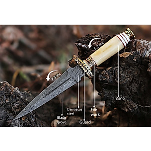 12.5 Inch long Hunting knife, Collectible knife, Natural Camel bone scale embellished with engraved brass finger guard, foil work spacer and pommel, Hand forged Twist pattern Damascus steel blade, Comes with Leather sheath