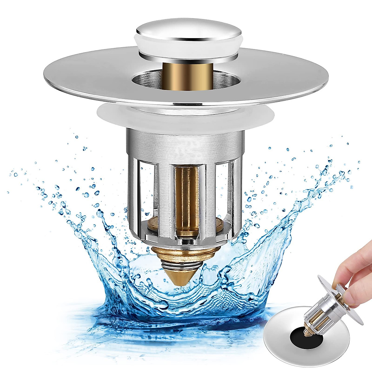 Bathroom Sink Drain Stopper, Pop Up Drain Stopper for Bathroom Sink with Anti-Clogging Filter Basket, 2 in 1 Brass Sink Drain Plug Strainer Universal for 1.02-1.96 in Basin Drain Holes