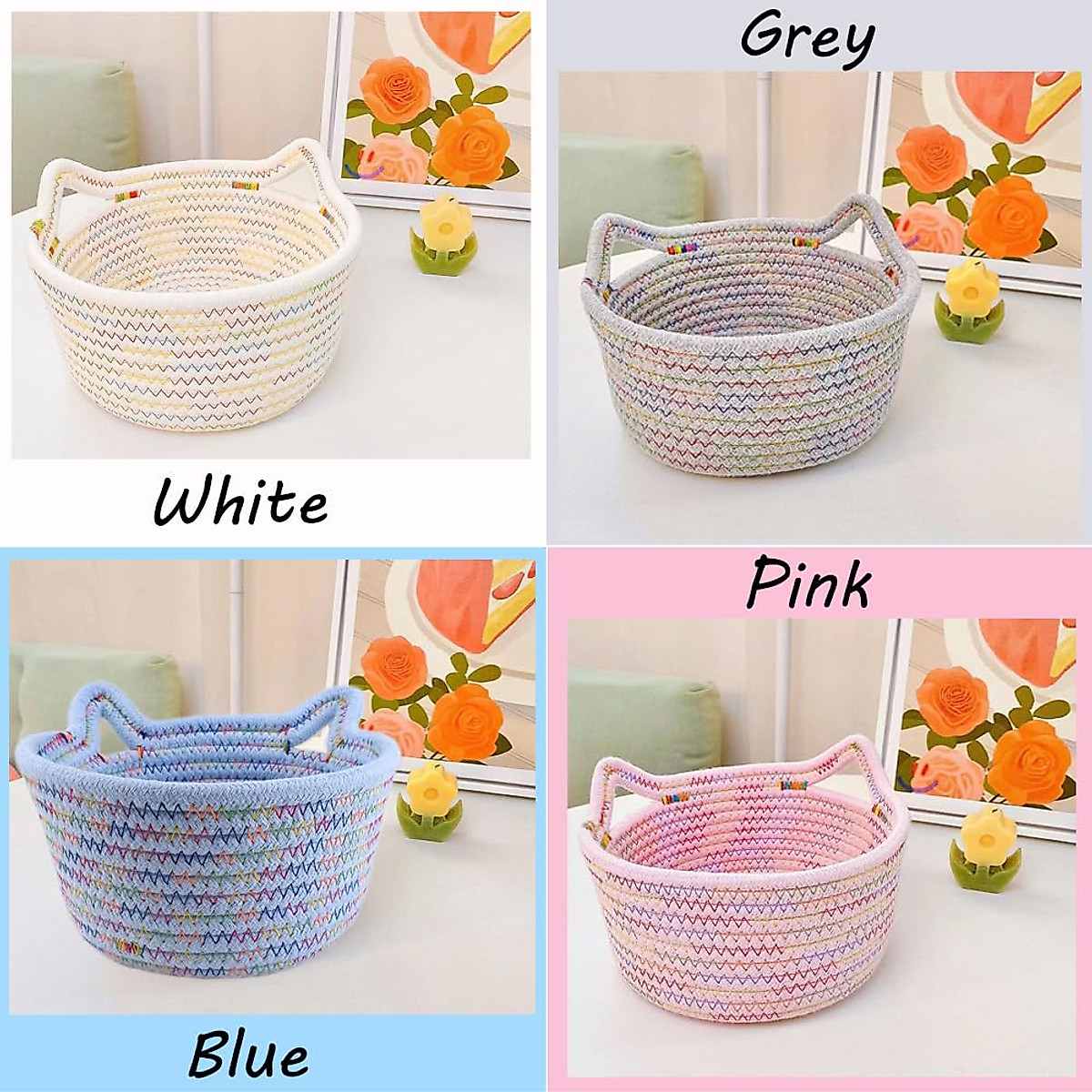 Cute Rainbow Storage Basket for Decor 3packs Shelves Cotton Rope Basket Woven Baskets Closet Organizer with Handle, Stylish Home Bedroom Table Organizer,Toy Baskets Organizers & Storage 11.5L(Pink)