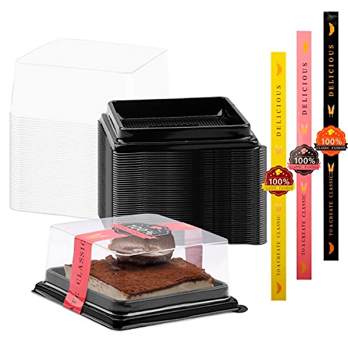 50 Pcs 3.5 Inch Mini Cake Box, Clear Plastic Mini Cupcake Box Muffins Box Cookies Dome Box Mooncake Box Small Single Muffin Dessert Containers Holder Wedding Birthday Gift Box - Bonus 50 Pcs Stickers (Black)
