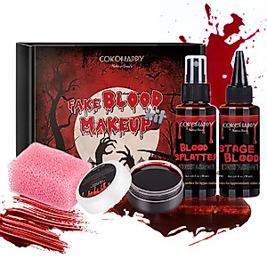 COKOHAPPY Halloween Fake Blood SFX Makeup Kit - Coagulated Blood Gel + Fake Blood Spray + Dripping Stage Blood + Stipple Sponge Realistic Washable Special Effects Makeup kit for Zombie Vampire