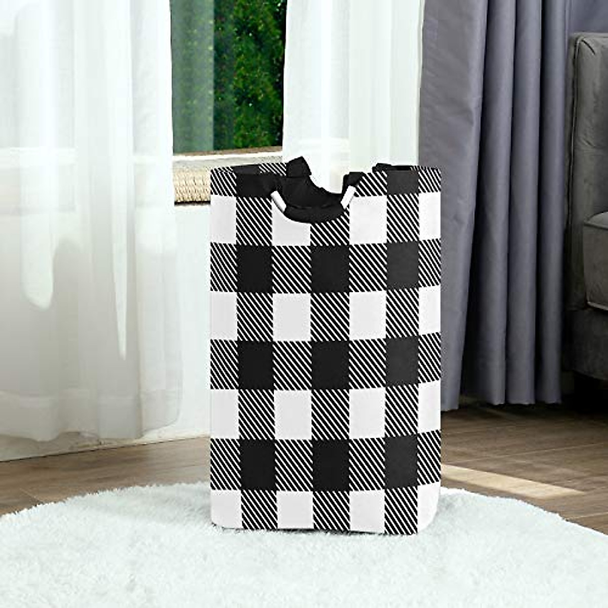 Qilmy Buffalo Black and White Plaid Laundry Hamper, Large Laundry Baskets Foldable Clothes Tote with Handles Storage Bag for Family Dormitory Laundry Bathroom Closet Kids Room