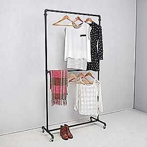 Industrial Pipe Clothing Racks on Wheels Double Hanging Rod Metal Clothing Rack,Heavy Duty Commercial Display Garment Rack,Vintage Retail Rack Hanging Weight Rack, Metal Ballet Rolling Racks,Black
