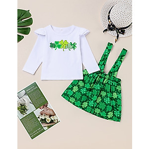 Baby Girls St.Patrick's Day Outfits Toddler Girls Ruffle Sleeve Shirts Shamrock Clover Suspender Dresses