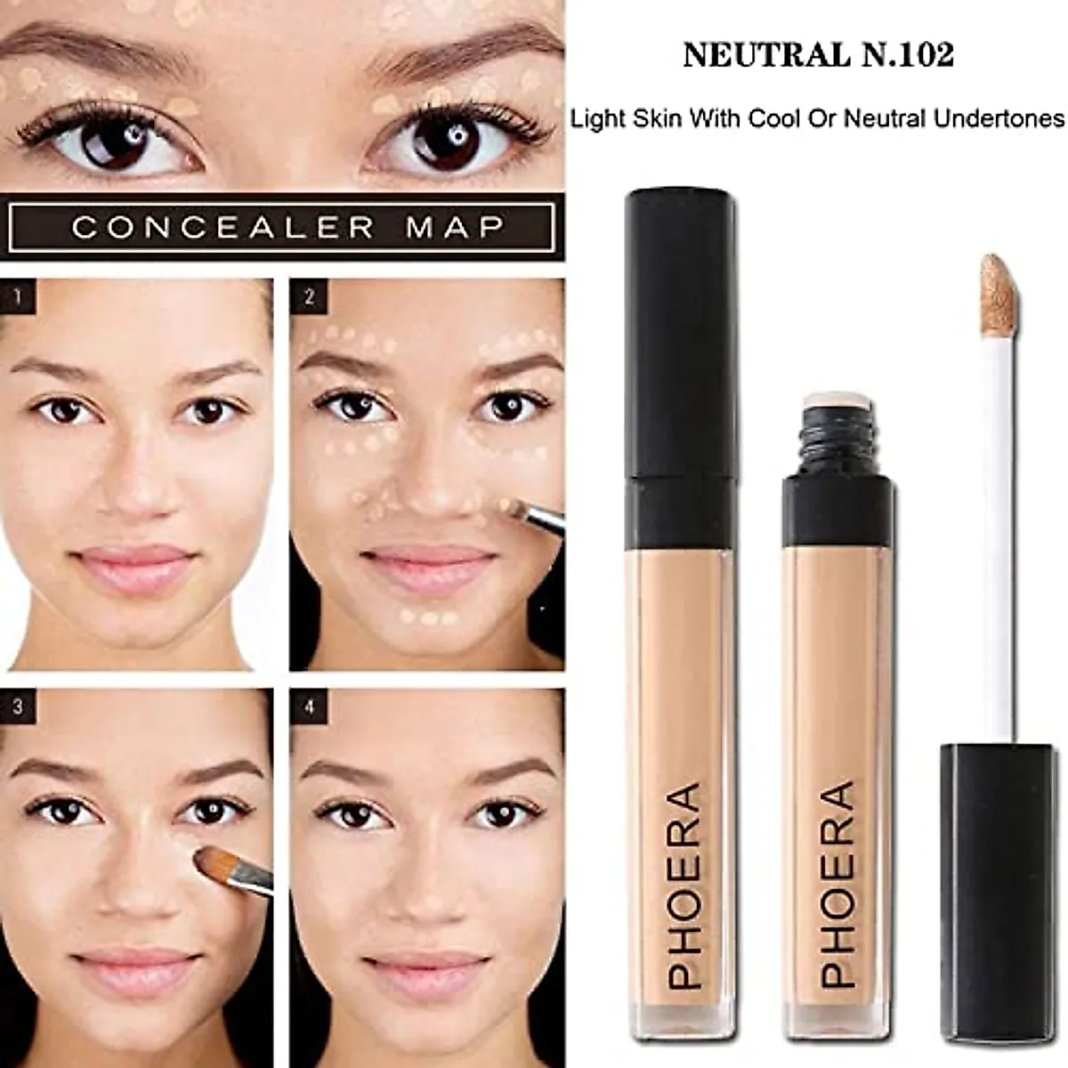 PHOERA Makeup Set - Full Coverage Foundation, Primer, Powder, Concealer & Kabuki Brushes (2 Sponge, Porcelain)