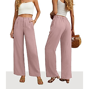 Feiersi Womens Casual Wide Leg Pants High Waisted Button Down Straight Long Trousers Palazzo Pants(Dusky Pink,X-Large)