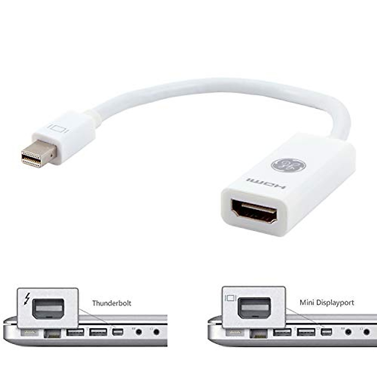 GE Mini DisplayPort Thunderbolt to HDMI Adapter, Compatible with Apple iMac, MacBook and PC, Supports Full HD 1080P and 4K Ultra HD, White, 33589