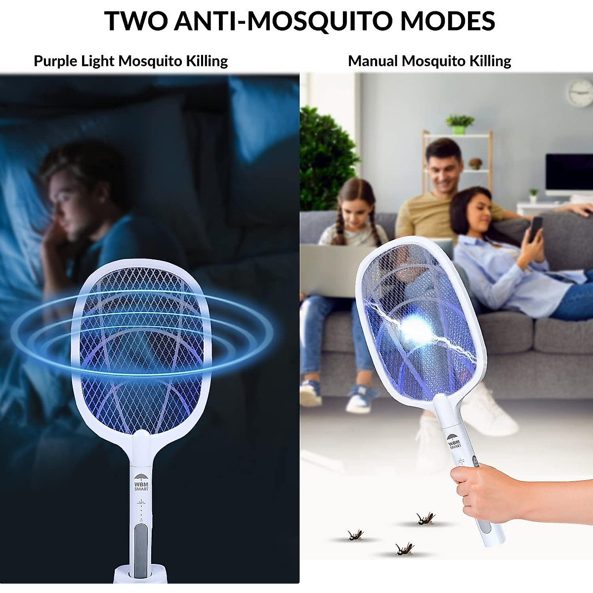 WBM SMART 2 in 1 Electric Bug Zapper, Mosquitoes Trap Lamp & Racket, USB Rechargeable Electric Fly Swatter for Home and Outdoor Powerful Grid 3-Layer Safety Mesh Safe to Touch