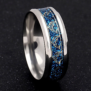 Ginger Lyne Collection Dolphins Stainless Steel Comfort Fit Wedding Band All Ocassion Ring Gold Color Inlay on Blue Background Ocean wave Beach Lovers Rings Men Women
