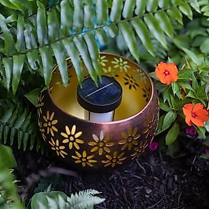 Solar Fire Bowl 8” 2-Pack Decorative Metal Solar Patio Light with Flickering Flame, Waterproof Dusk-to-Dawn Garden Lantern, Bronze/Copper